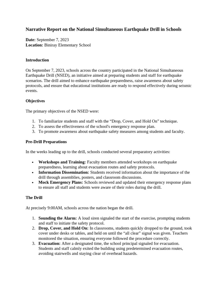 Narrative Report On The National Simultaneous Earthquake Drill in ...