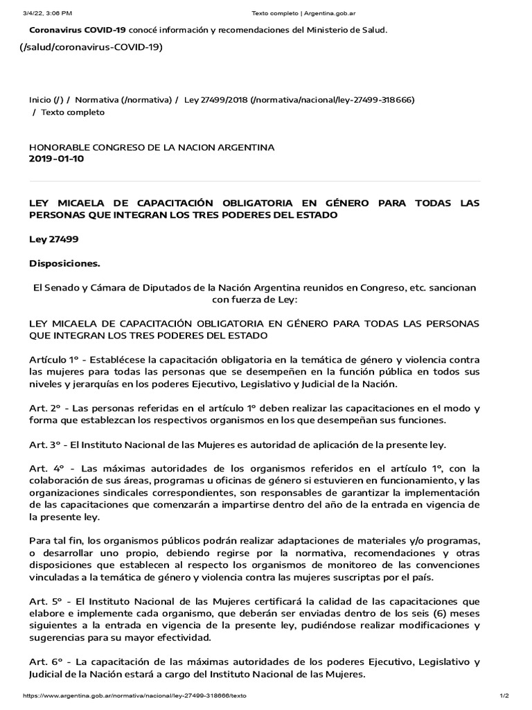 14 - Ley Nacional N.º 27.499 - Ley Micaela | PDF | Justicia | Crimen y violencia