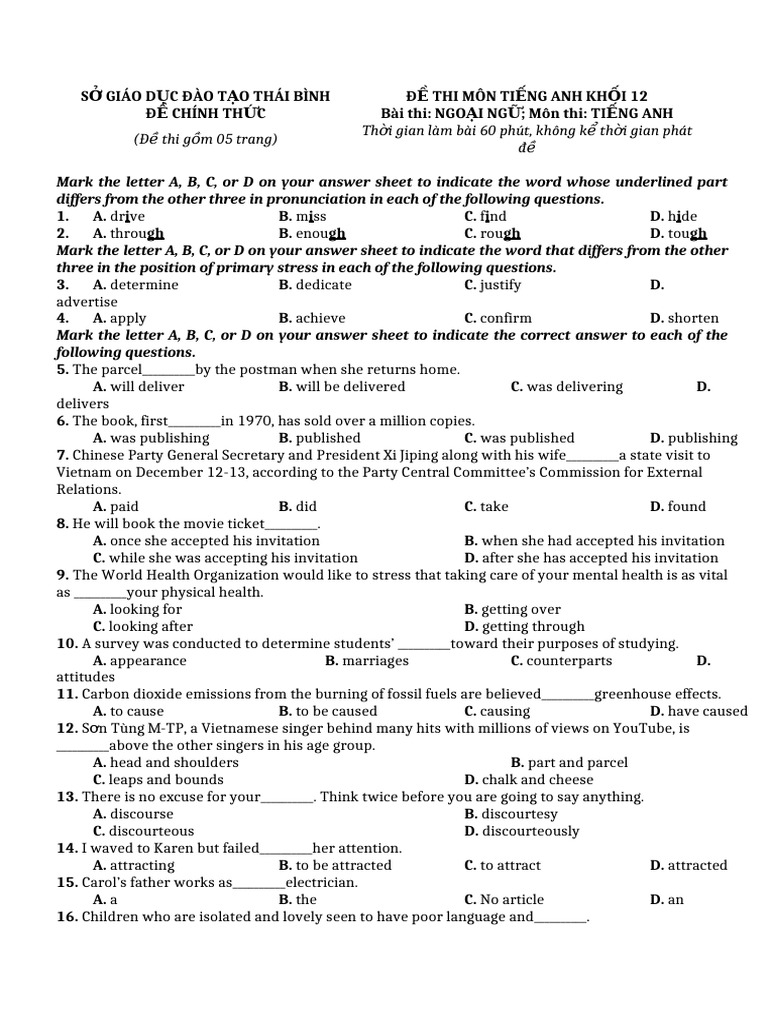 ĐỀ SỞ THÁI BÌNH 402 - LIVE CHỮA ĐỀ THỨ 4 NGÀY 1001024 | PDF | Language ...