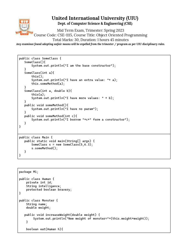 CSE1115 Mid 231 | PDF | Method (Computer Programming) | Constructor (Object Oriented Programming)