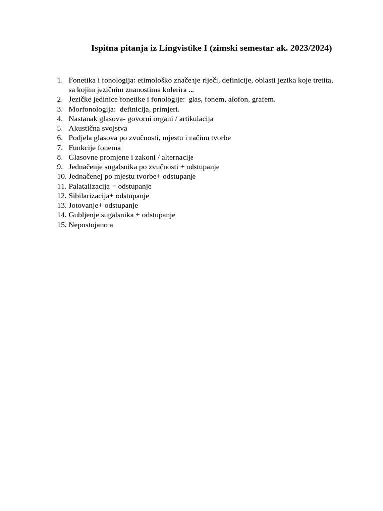 Ispitna Pitanja Iz Lingvistike I 2023-24 | PDF