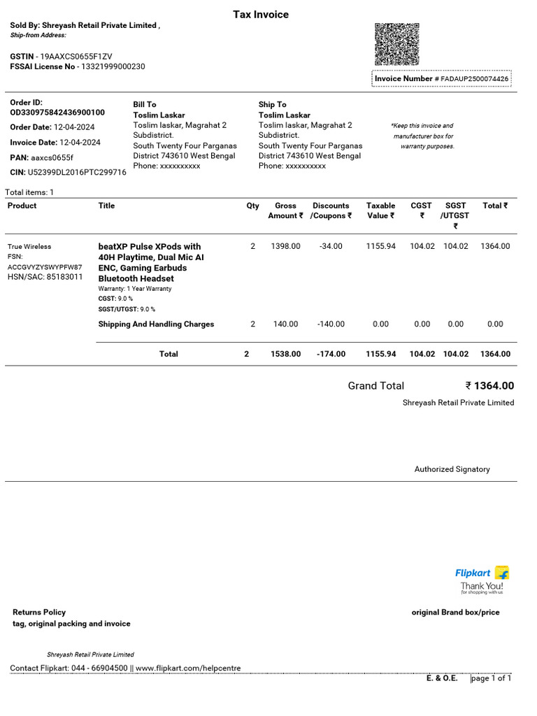 Tax Invoice for Bluetooth Earbuds | PDF | Taxes | Government Finances