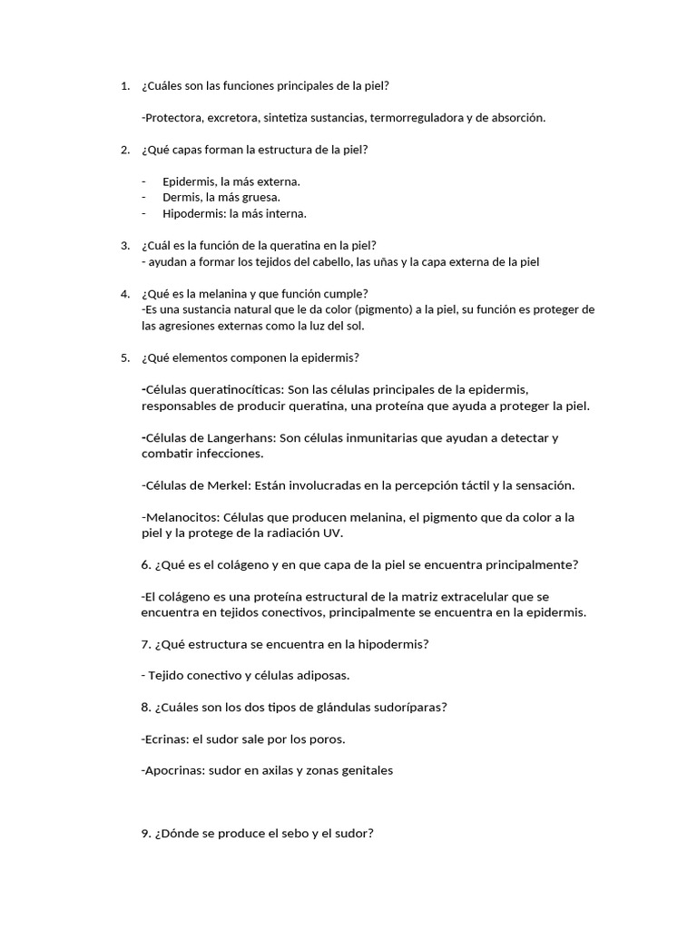 Preguntas Tema 1 Cortas Tbe | PDF | Piel | Epidermis