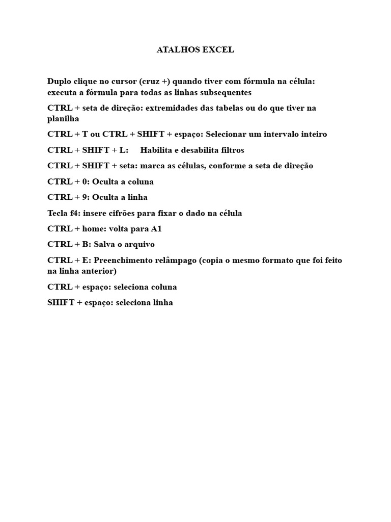 Atalhos Excel | PDF | Métodos e Materiais de Ensino