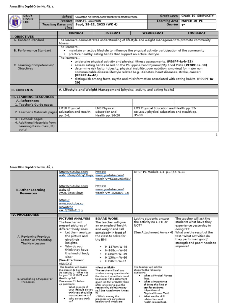 q1 Grade 9 Pe DLL Week 1 | PDF | Physical Education