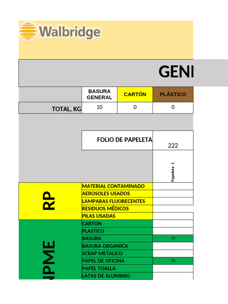 CALCULADORA-SUMATORIA de Papeletas de Control de Residuos Eventuales | PDF | Residuos | Papel