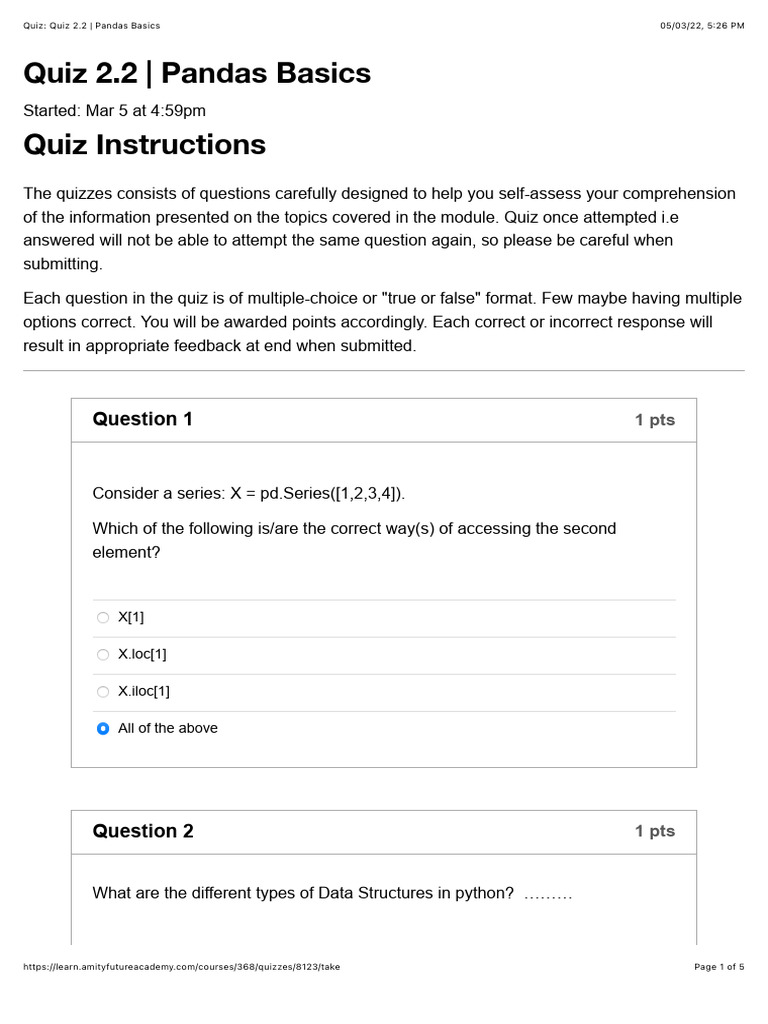 Quiz Quiz 2.2 Pandas Basics | PDF | Quiz | Computer Science