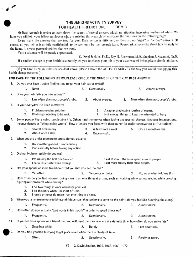 The Jenkins Activity Survey For Health Prediction | PDF