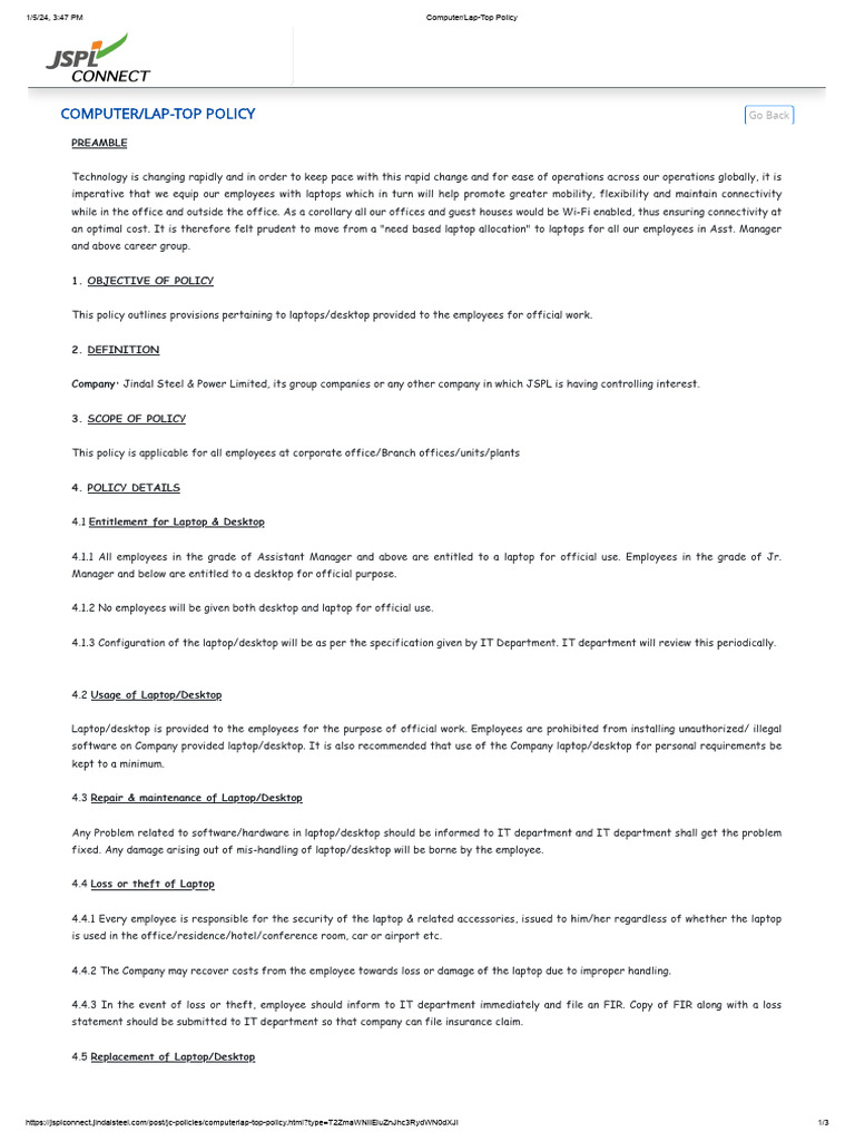 JSPL Laptop Policy for Employees | PDF | Laptop | Desktop Computer