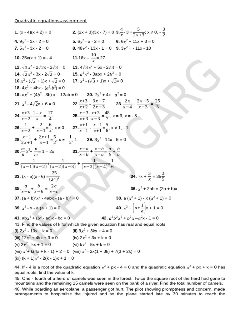 Quadratic Equations Assignment 10 24 | PDF | Equations | Mathematical ...