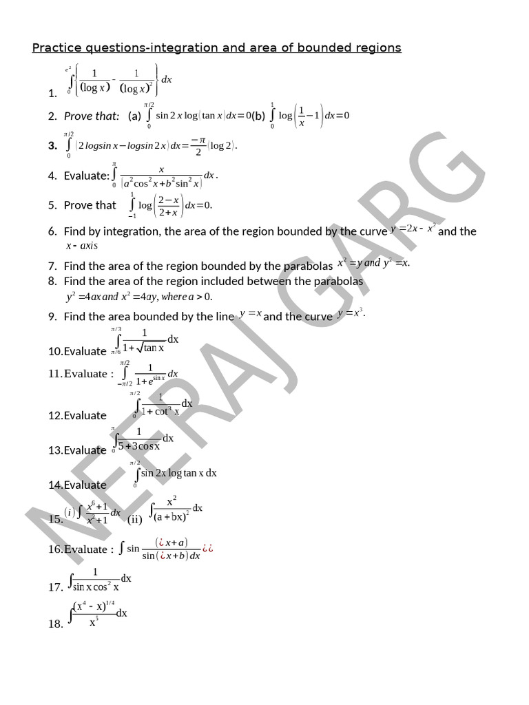 Practice Questions Class 12 Integration and Area | PDF | Teaching Methods & Materials | Science ...