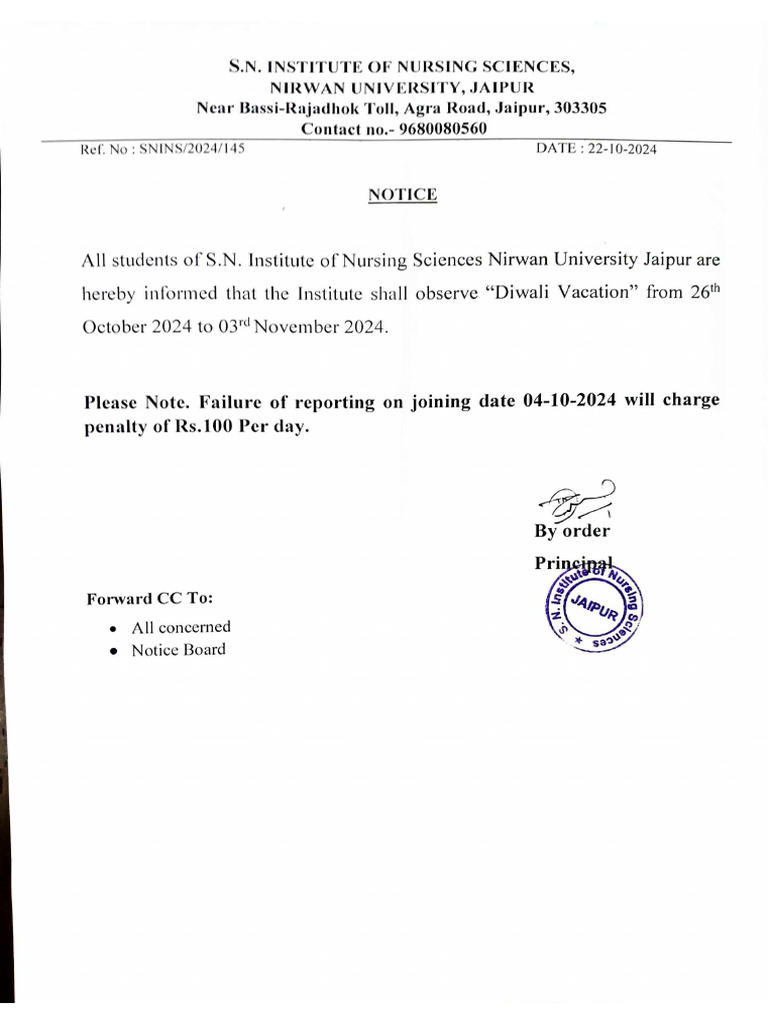 Diwali Vacations Notice | PDF