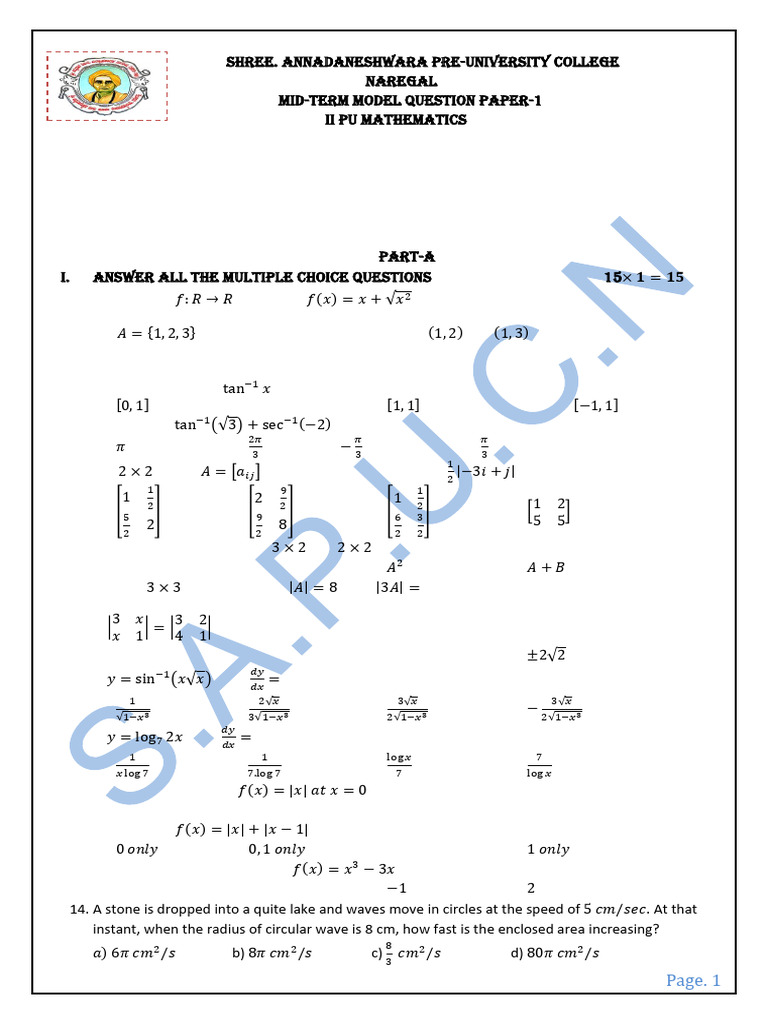 Mid Term Model Question Papers - PDF Final | PDF | Matrix (Mathematics ...