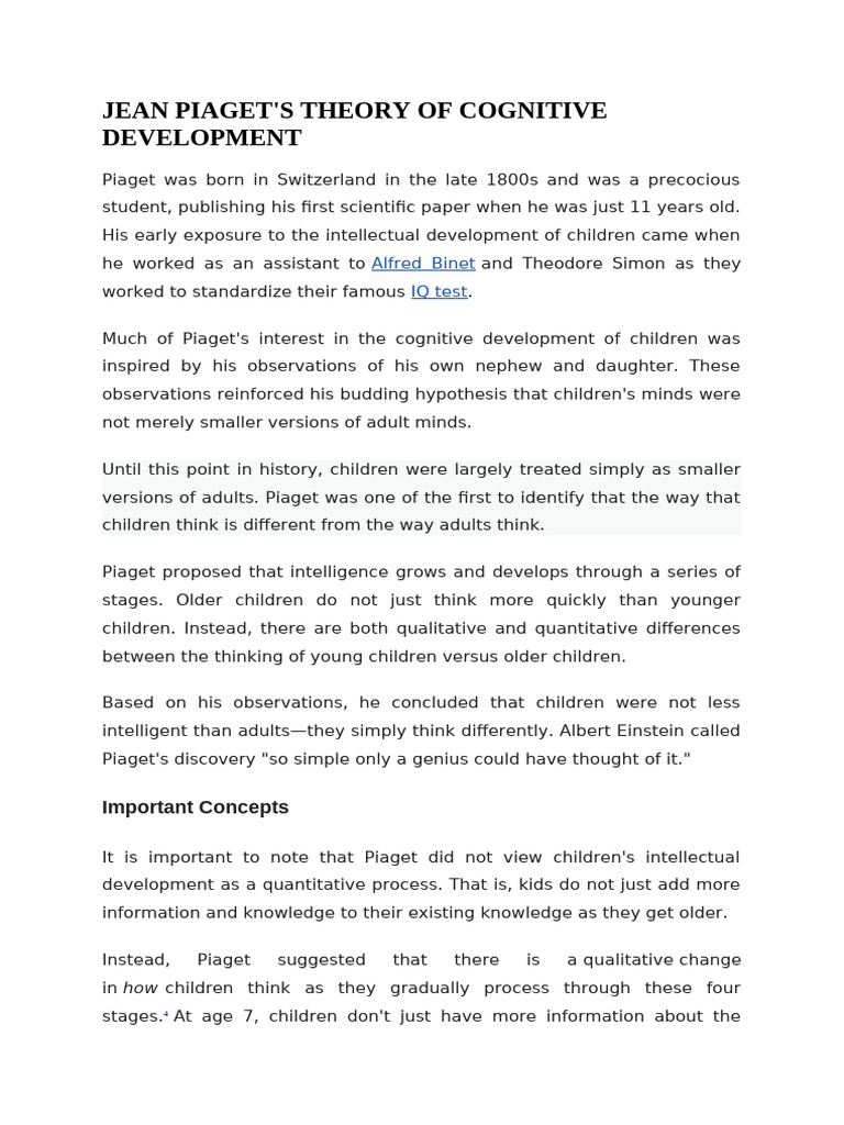 Piaget's Cognitive Development Theory | PDF | Schema (Psychology ...
