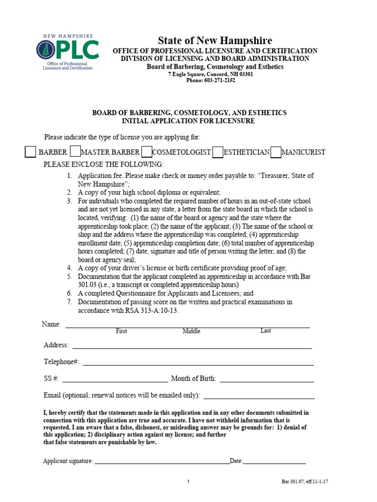 NH Barbering and Cosmetology License Application | PDF