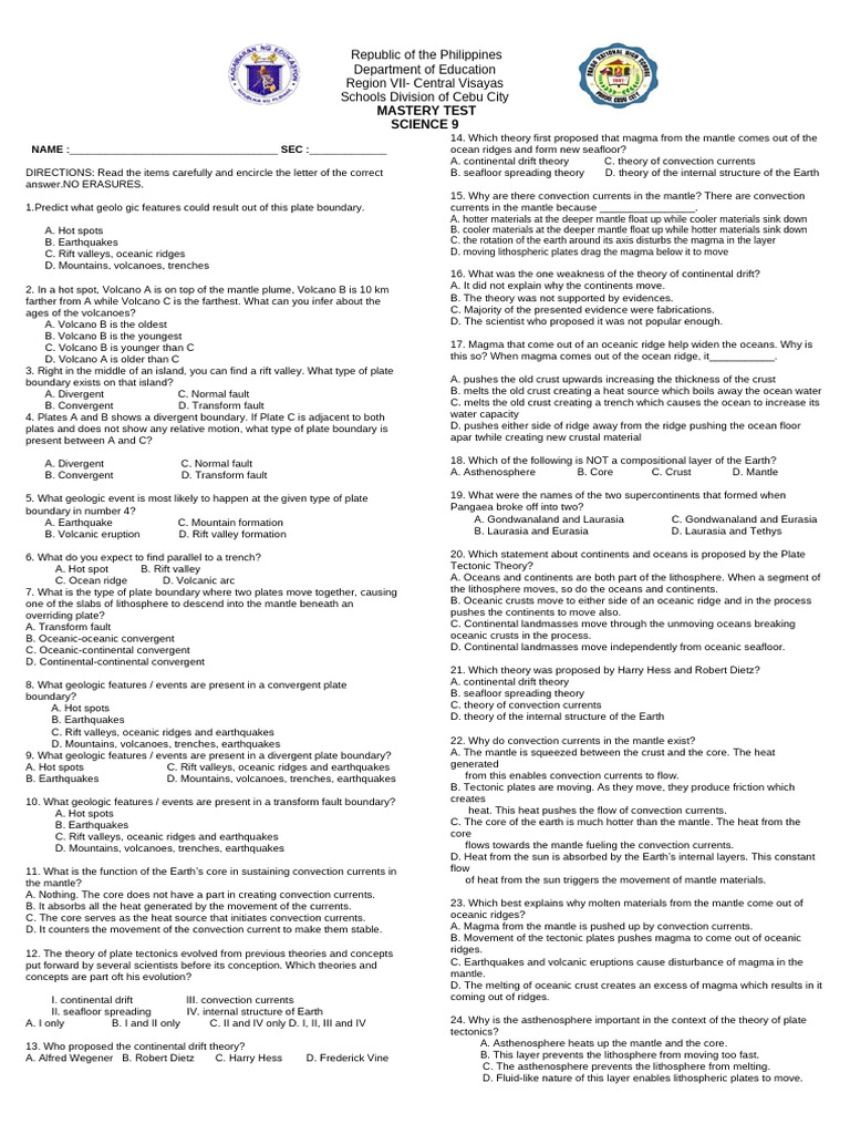 10- MASTERY TEST edited | PDF | Plate Tectonics | Rift