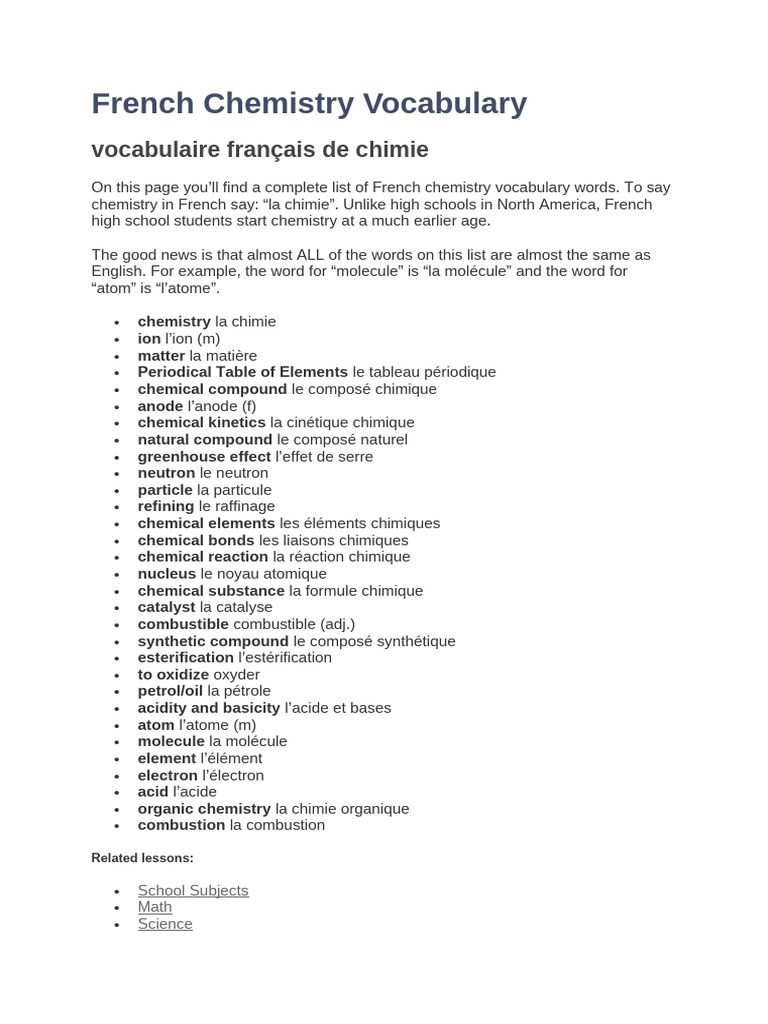 French Chemistry Vocabulary | PDF | Language Arts & Discipline ...