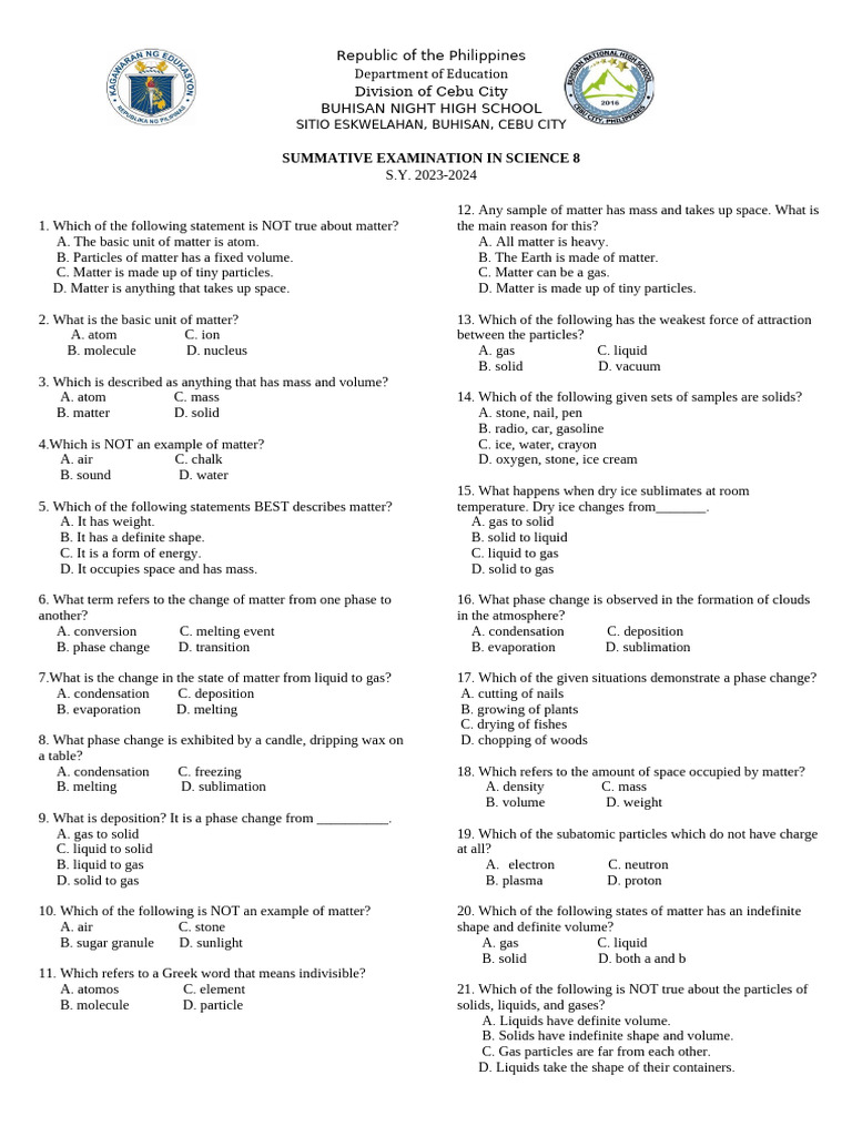 SUMMATIVE TEST GRADE 8 | PDF | Matter | Proton