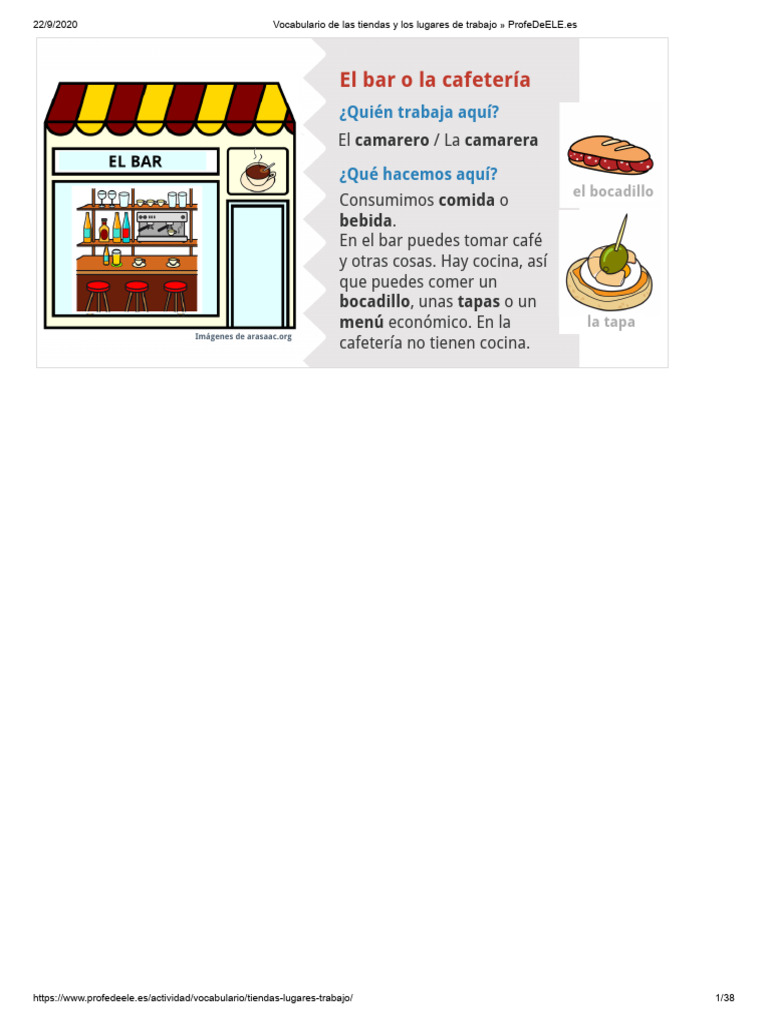 Vocabulario de Las Tiendas y Los Lugares de Trabajo ProfeDeELE - Es ...