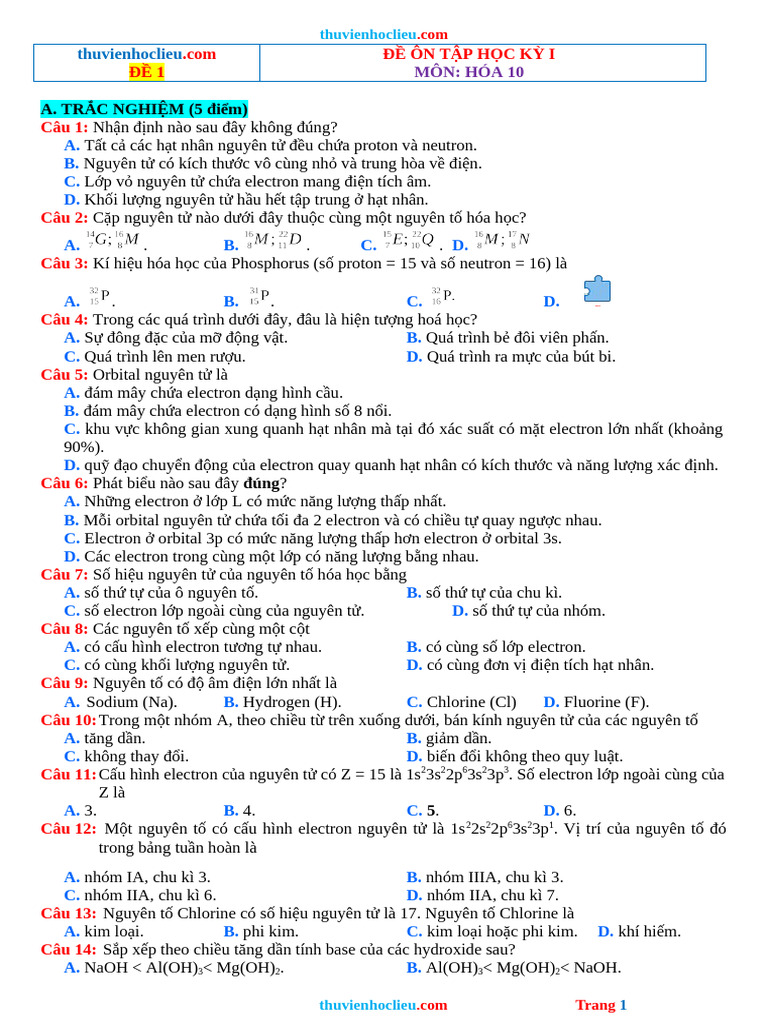 bộ đề hóa CKI 1-5 | PDF