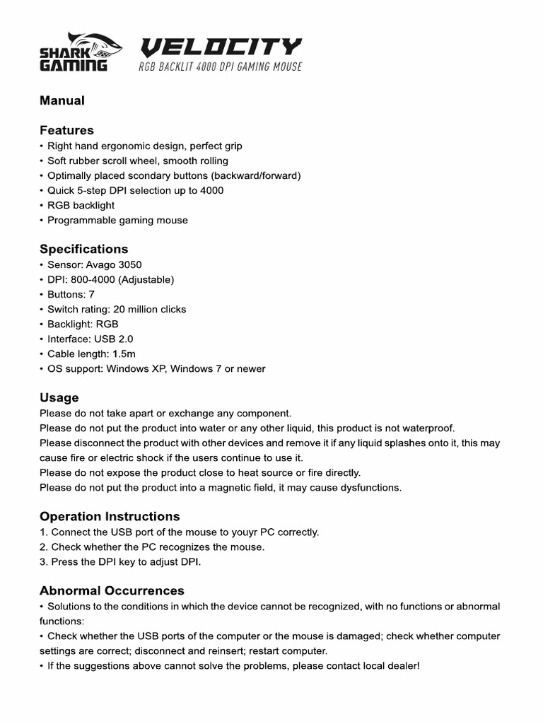 Shark Velocity Gaming Mouse Manual | PDF