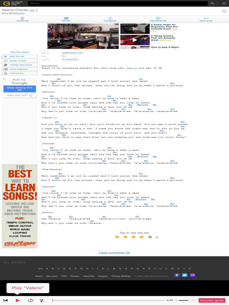 VALERIE CHORDS (Ver 7) by Amy Winehouse @ | PDF | Song Structure ...