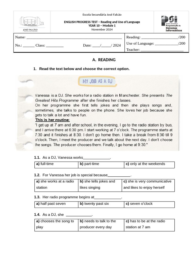 Psi - Module 1 - Test Reading and Use of Language | PDF | Pronoun ...