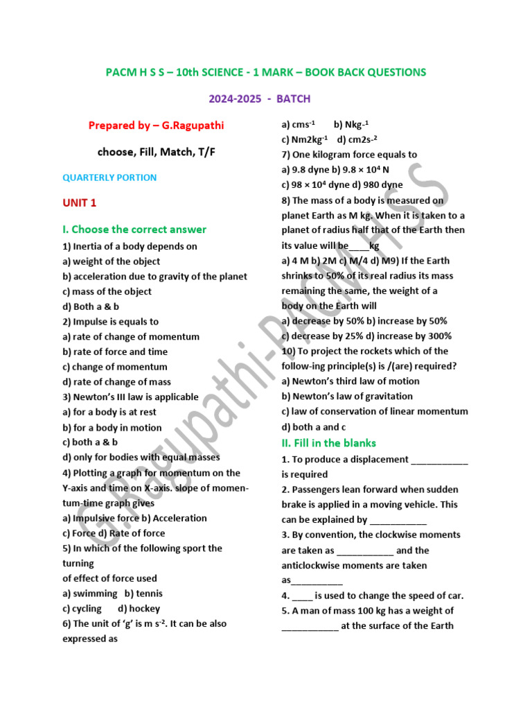 10th Science 1 Mark Book Back Questions English Medium PDF Download ...
