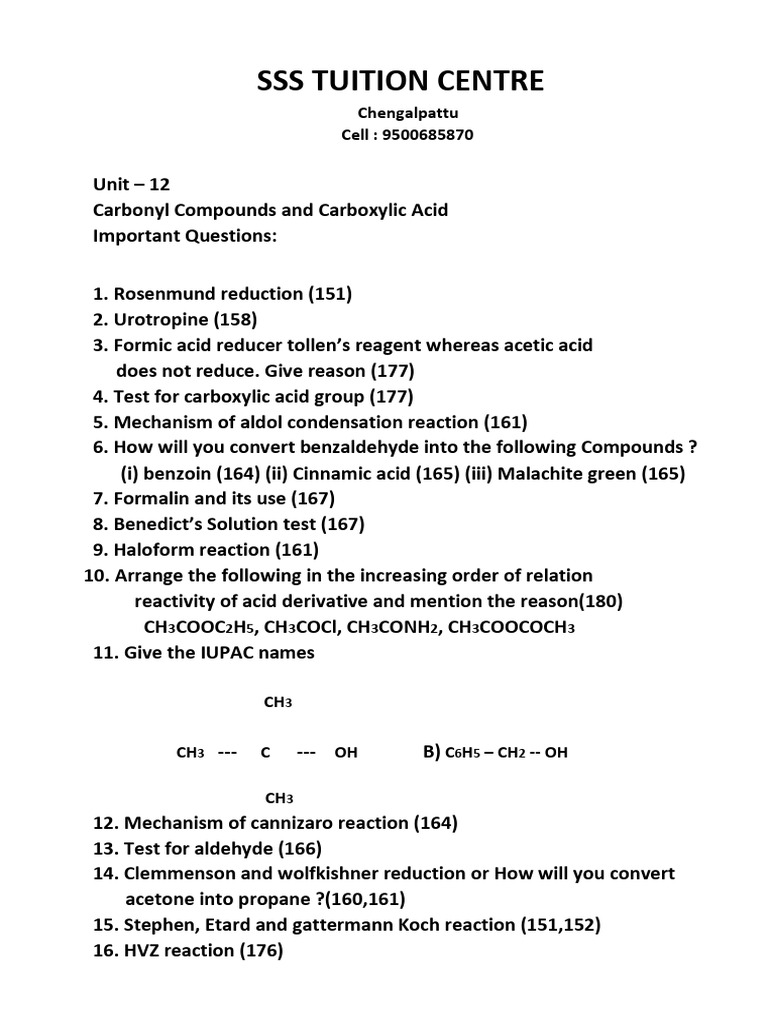 SSS Tuition Centre: Carbonyl & Acid Questions | PDF | Art