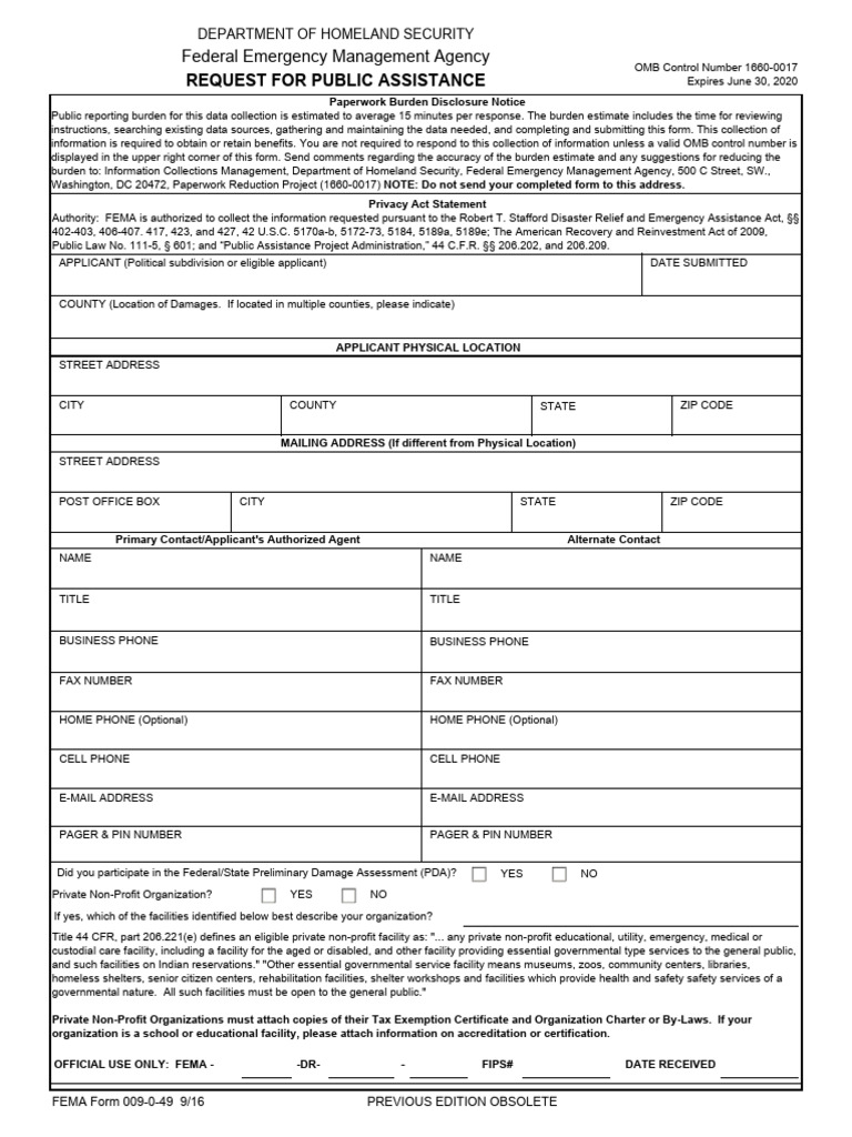 Fema Public Assistance Request For Public Assistance - Form009 0 49 ...