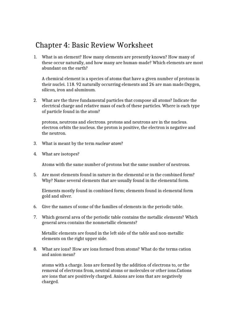 Chem Ch 4 Worksheets | PDF | Atoms | Ion