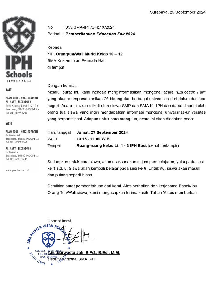 Pemberitahuan Education Fair 2024 SMA IPH | PDF | Kesehatan Holistik