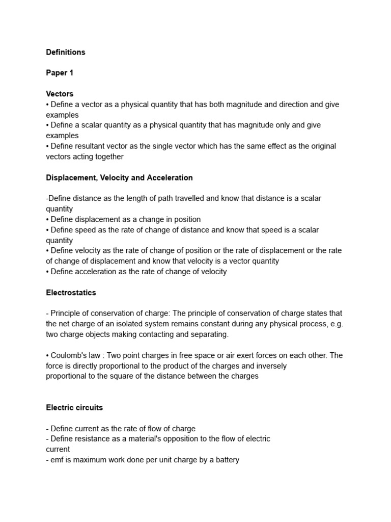 Physics Definitions: Vectors, Electrostatics, Energy | PDF