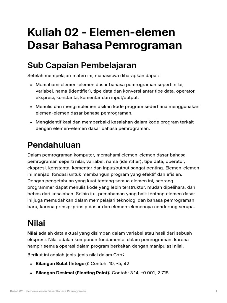 Kuliah 02 - Elemen-Elemen Dasar Bahasa Pemrograman | PDF | Komputer