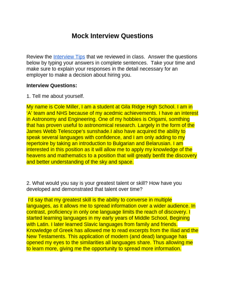 Cole Miller - Mock Interview Questions | PDF | Cognition | Human Communication
