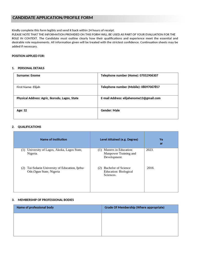 Candidate Profile Form | PDF | Employment | Business