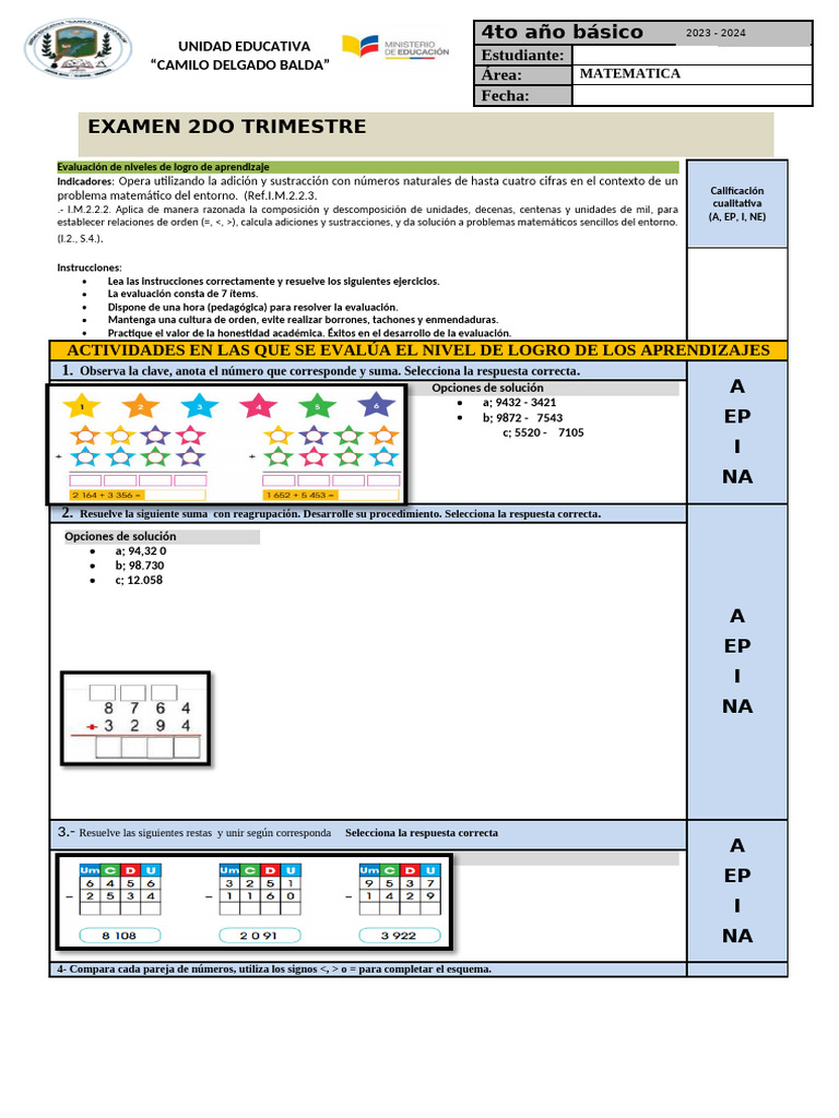 4to MATE EXAMEN 2DO TRIMESTRE 2024 | PDF | Matemáticas