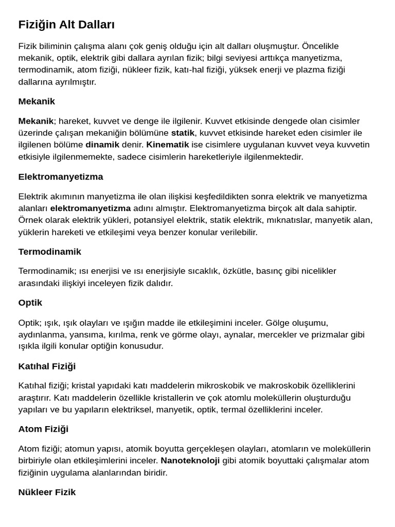 Fiziğin Alt Dalları | PDF
