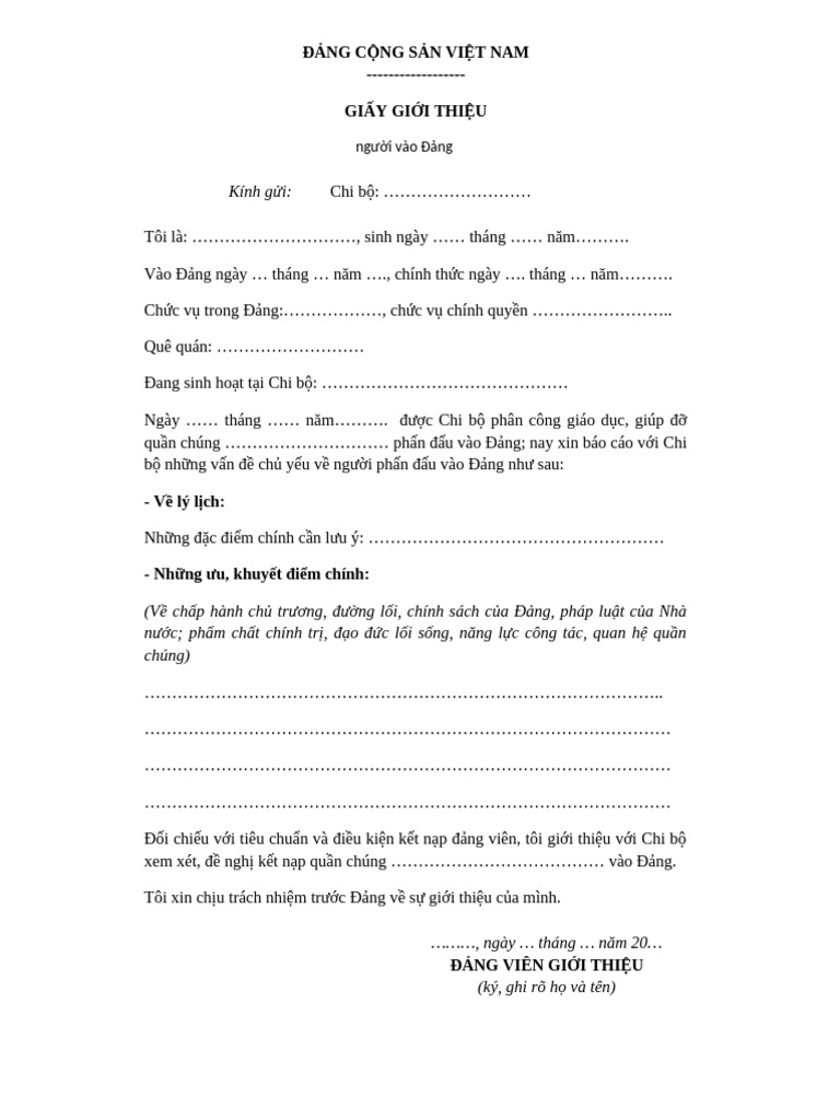 Mau Giay Gioi Thieu Nguoi Vao Dang | PDF