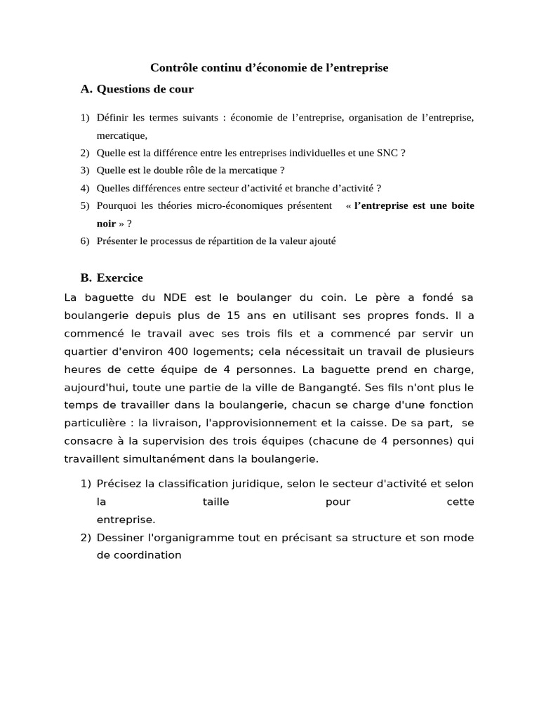 Contrôle continu en économie d'entreprise | PDF