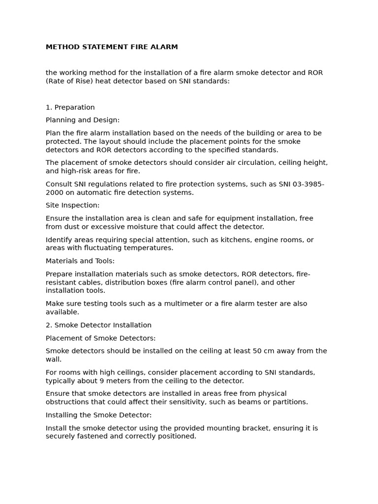 Method Statement Fire Alarm, Instalation Telepohone Cable, Sound System Installation | PDF ...