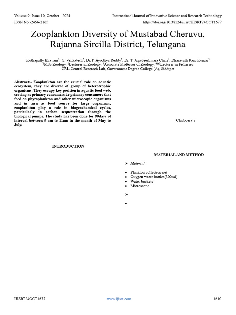 Zooplankton Diversity of Mustabad Cheruvu, Rajanna Sircilla District ...