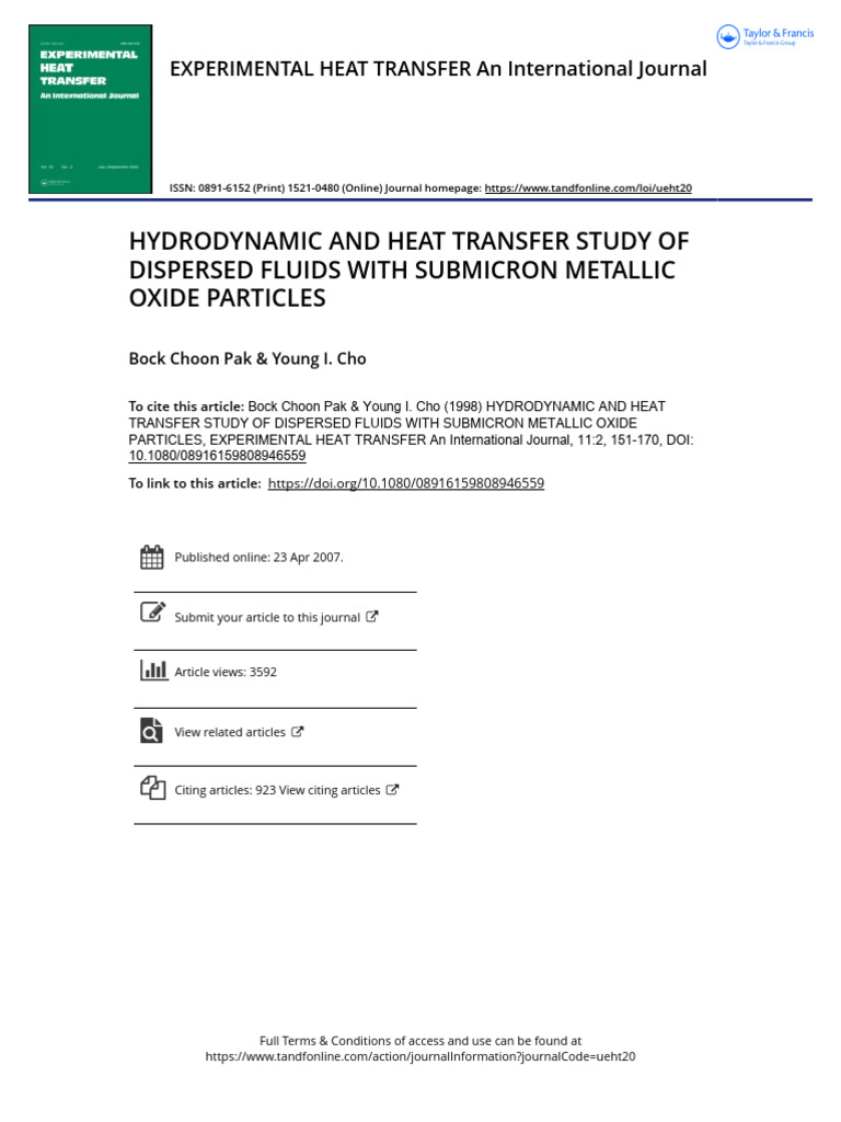 Hydrodynamic and Heat Transfer Study of Dispersed Fluids With Submicron ...
