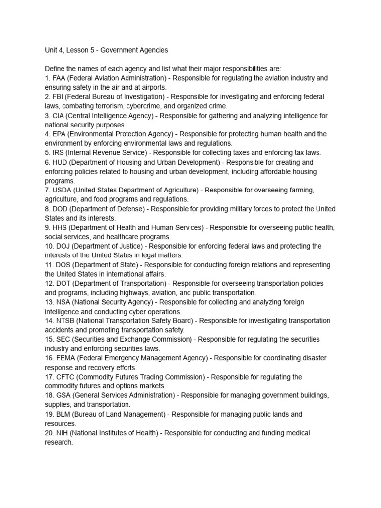 Overview of Key U.S. Government Agencies | PDF | Commodity Futures ...