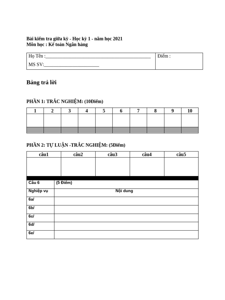 KTNH - tenSV - Maso SV - Bảng Trả Lời | PDF