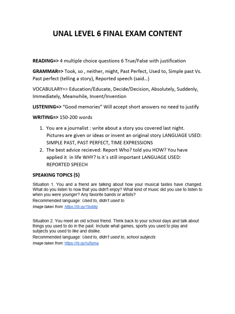 Unal Level 6 Final Exam Content | PDF
