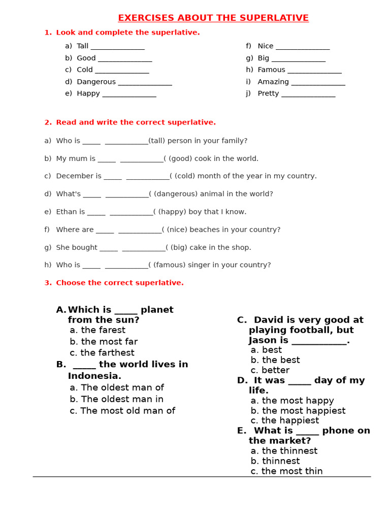 Superlative Exercises for Practice | PDF