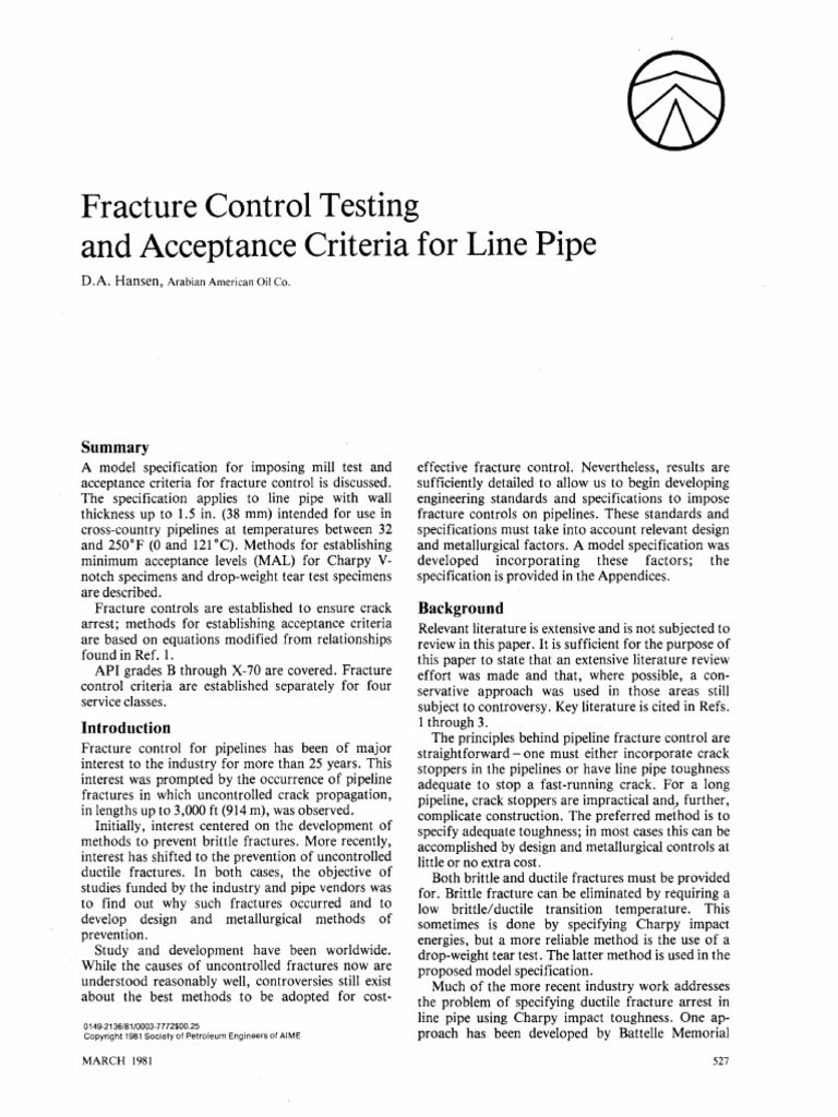 Fracture Control Testing and Acceptance Criteria For Line Pipe | PDF ...