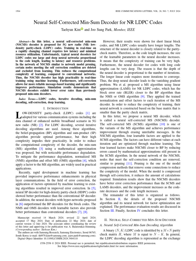 Neural Self Corrected Min Sum Decoder For Nr Ldpc Codes Pdf Low Density Parity Check Code