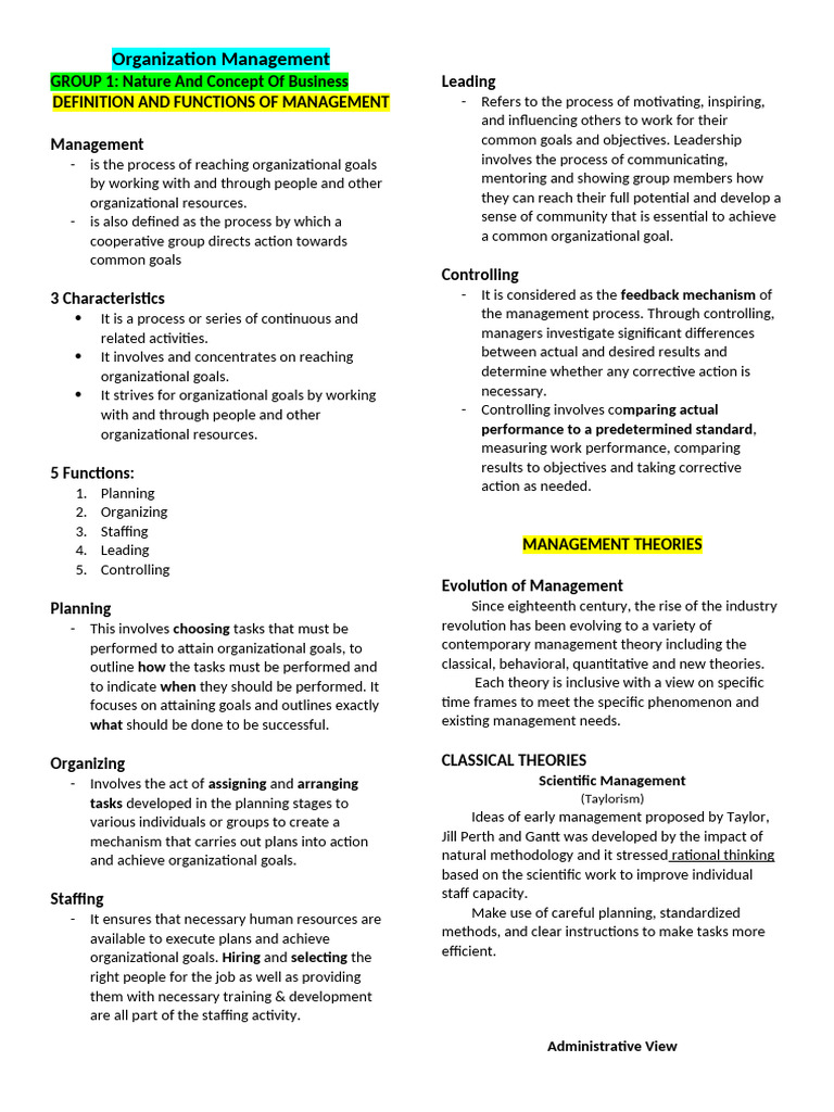 Overview of Management Functions and Theories | PDF | Partnership ...